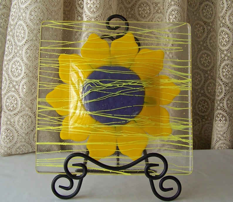 Art Glass Plate Yellow Sunflower Wall Hanging - Cynthia's Attic Direct ...
